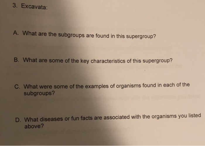 Solved 3. Excavata: A. What are the subgroups are found in | Chegg.com