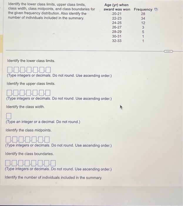 Solved Identify the lower class limits, upper class limits, | Chegg.com