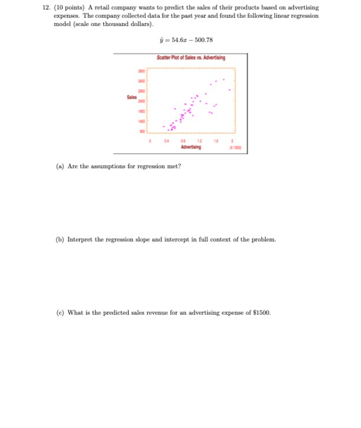 Solved 12. (10 ﻿points) ﻿A retail company wants to predict | Chegg.com
