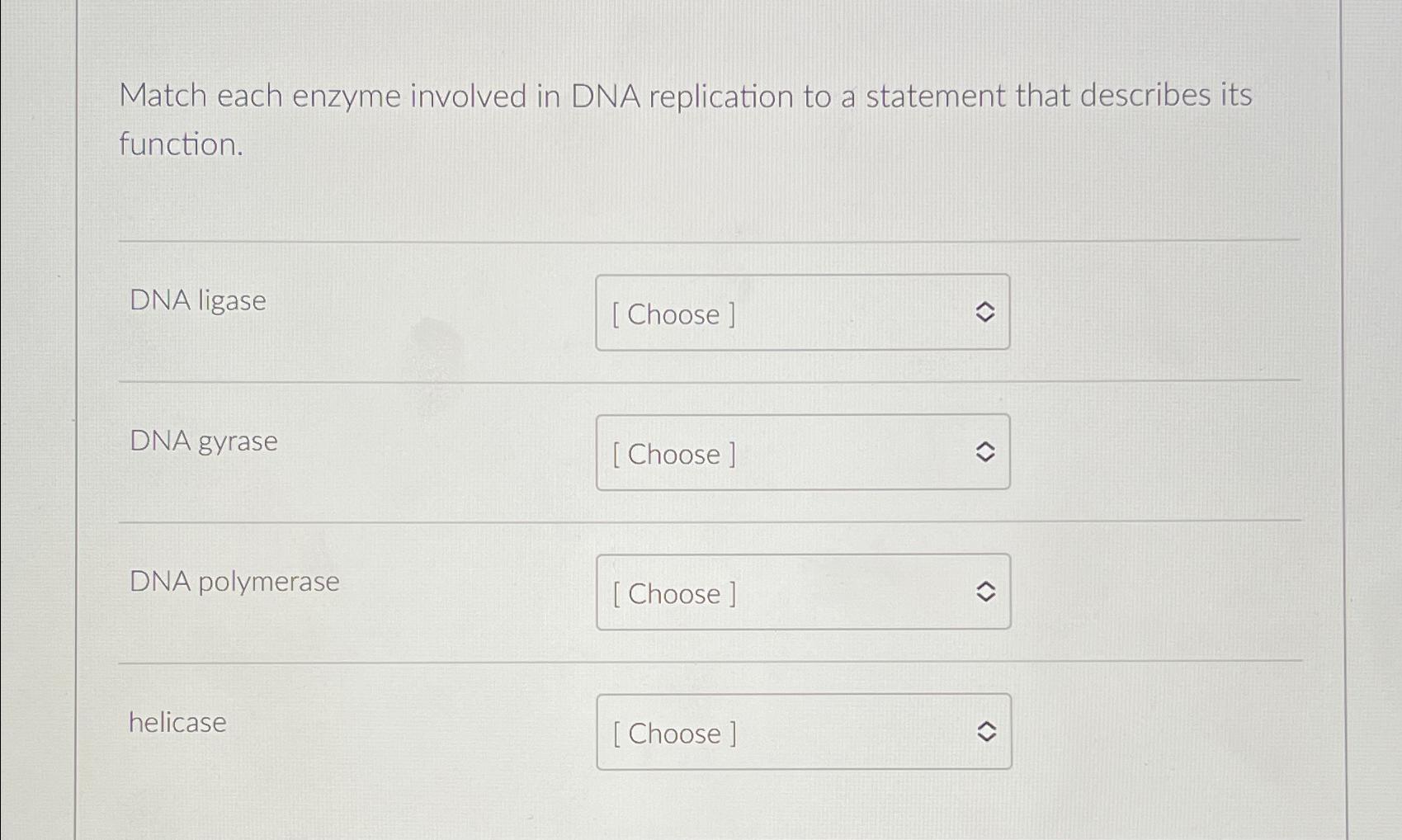 Solved Match each enzyme involved in DNA replication to a | Chegg.com