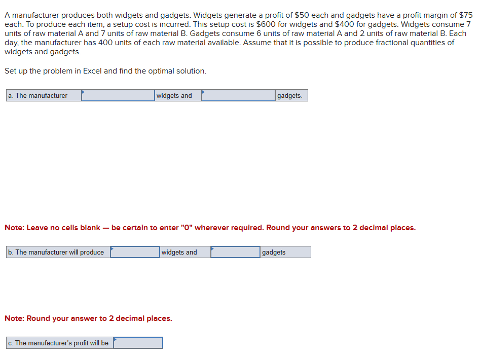 Solved A manufacturer produces both widgets and gadgets. | Chegg.com