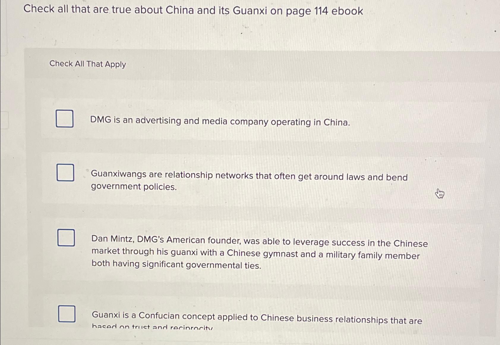 Solved Check all that are true about China and its Guanxi on | Chegg.com