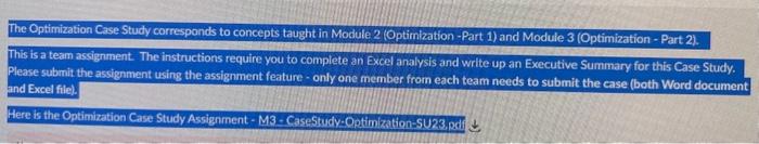 Solved The Optimization Case Study corresponds to concepts | Chegg.com