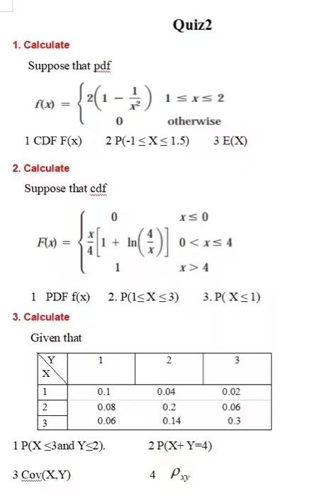 Solved 1. Calculate Suppose that pdf {2(₁ f(x) 1 CDF F(x) 2. | Chegg.com
