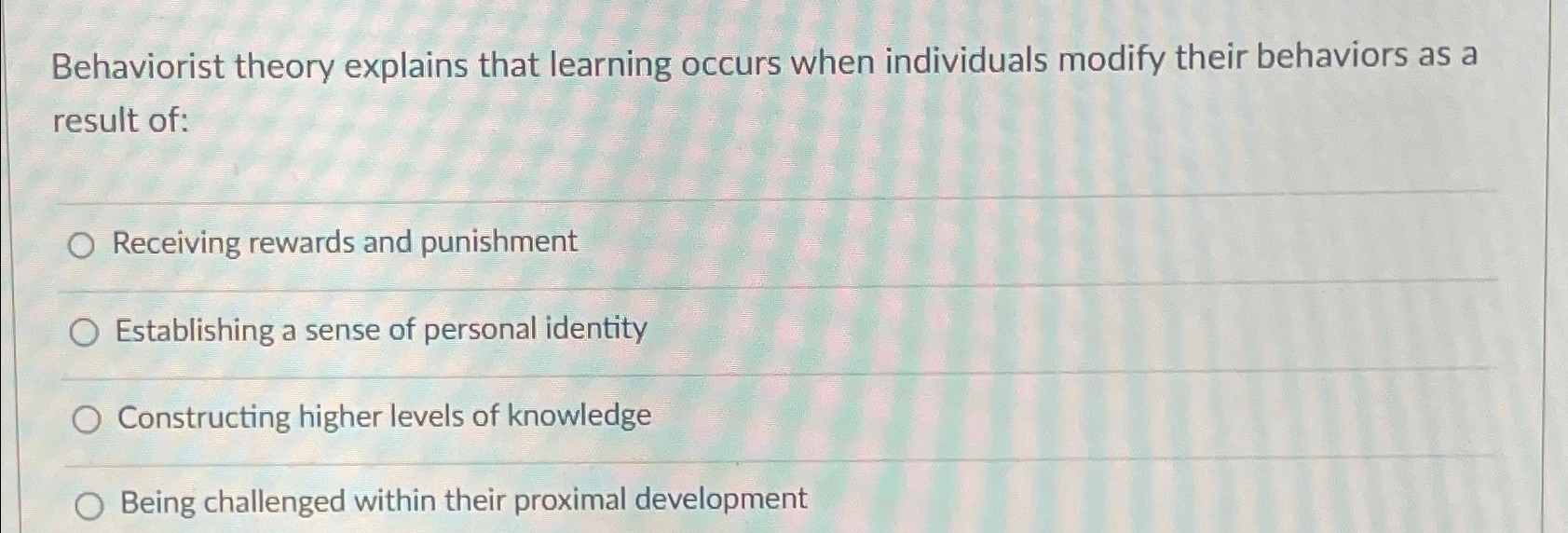 Solved Behaviorist theory explains that learning occurs when | Chegg.com
