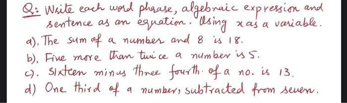 Solved Q: Write each word phrase, algebraic expression and | Chegg.com