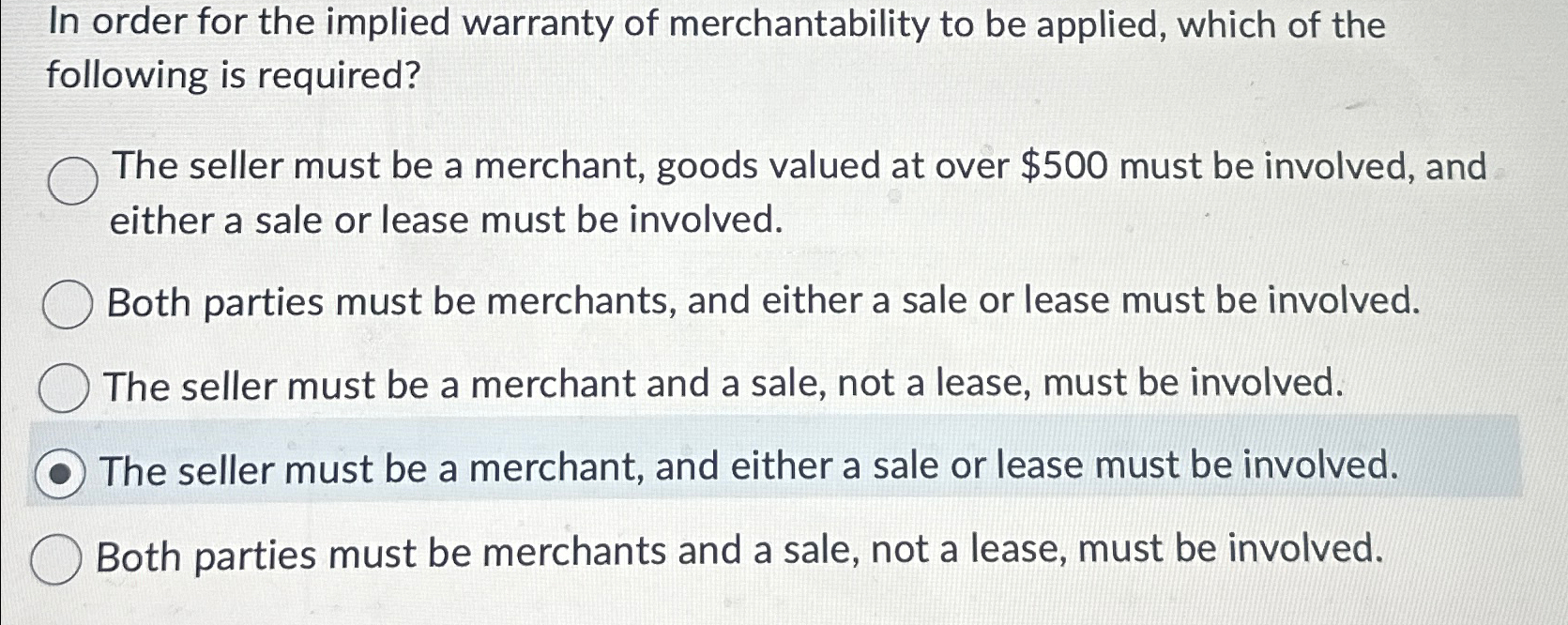 Solved In order for the implied warranty of merchantability | Chegg.com