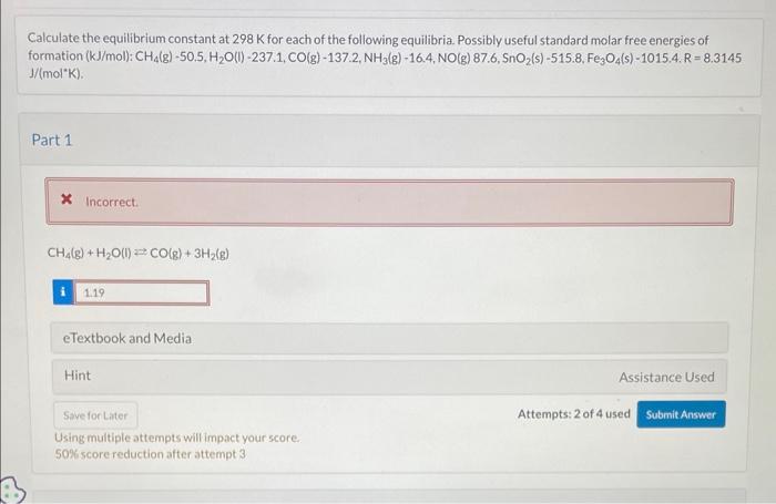 Solved Calculate the equilibrium constant at 298 K for each | Chegg.com