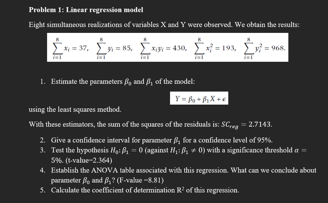 Solved Problem 1: Linear regression modelEight simultaneous | Chegg.com