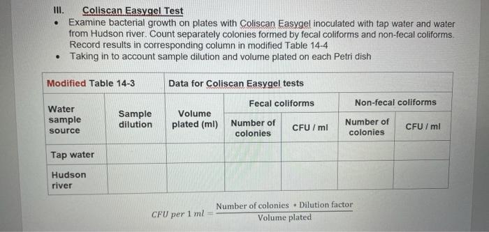 III. Coliscan Easygel Test . Examine bacterial growth | Chegg.com