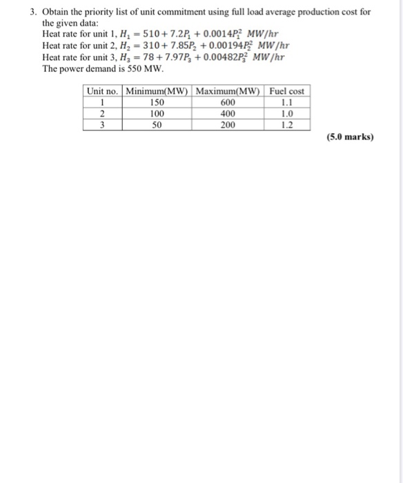 Solved 3. Obtain the priority list of unit commitment using | Chegg.com