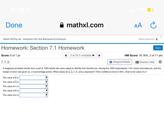 Solved Done mathxl.com AA C, Math 42/Psy 42 - Statistics for | Chegg.com