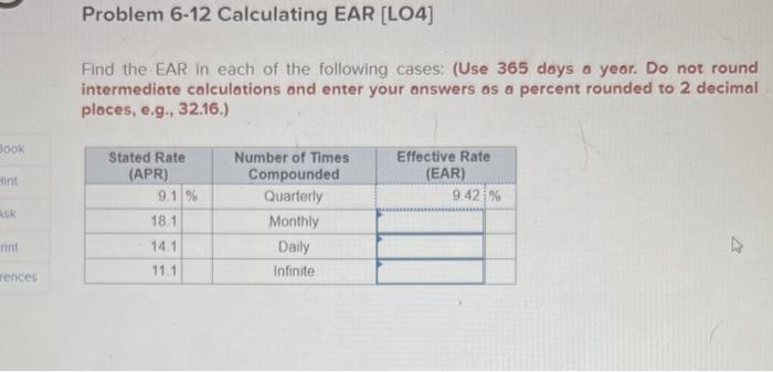 Solved Problem 6-12 Calculating EAR (L04) Find the EAR in | Chegg.com