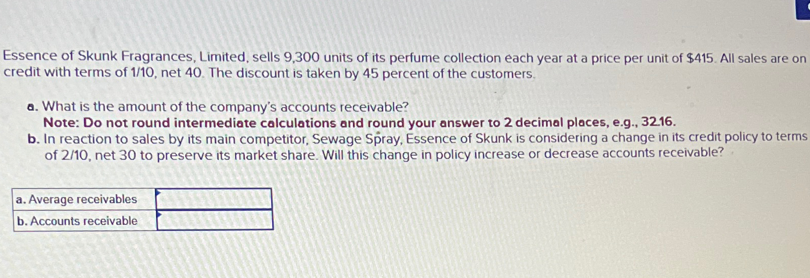 Solved Essence of Skunk Fragrances, Limited, sells 9,300 | Chegg.com