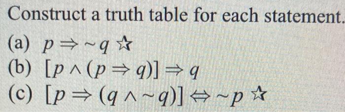 Solved Construct a truth table for each statement (a) p⇒∼q | Chegg.com