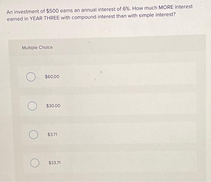 Solved An investment of $500 earns an annual interest of 6%. | Chegg.com
