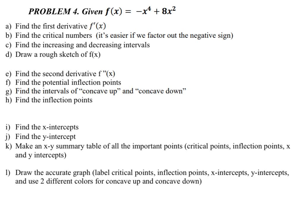 Solved PROBLEM 4. ﻿Given f(x)=-x4+8x2a) ﻿Find the first | Chegg.com