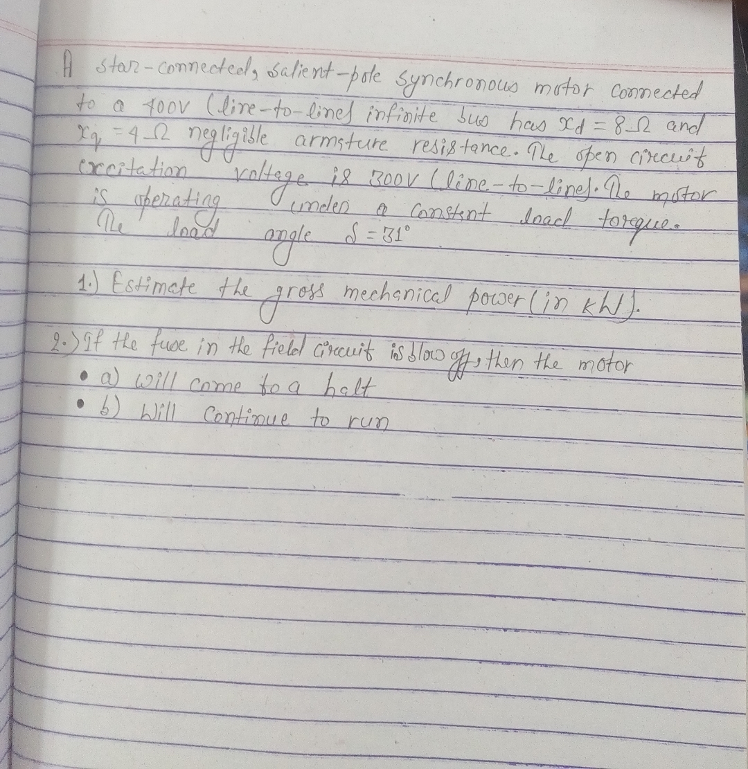 Solved A star-connected, salient-pole synchronows motor | Chegg.com