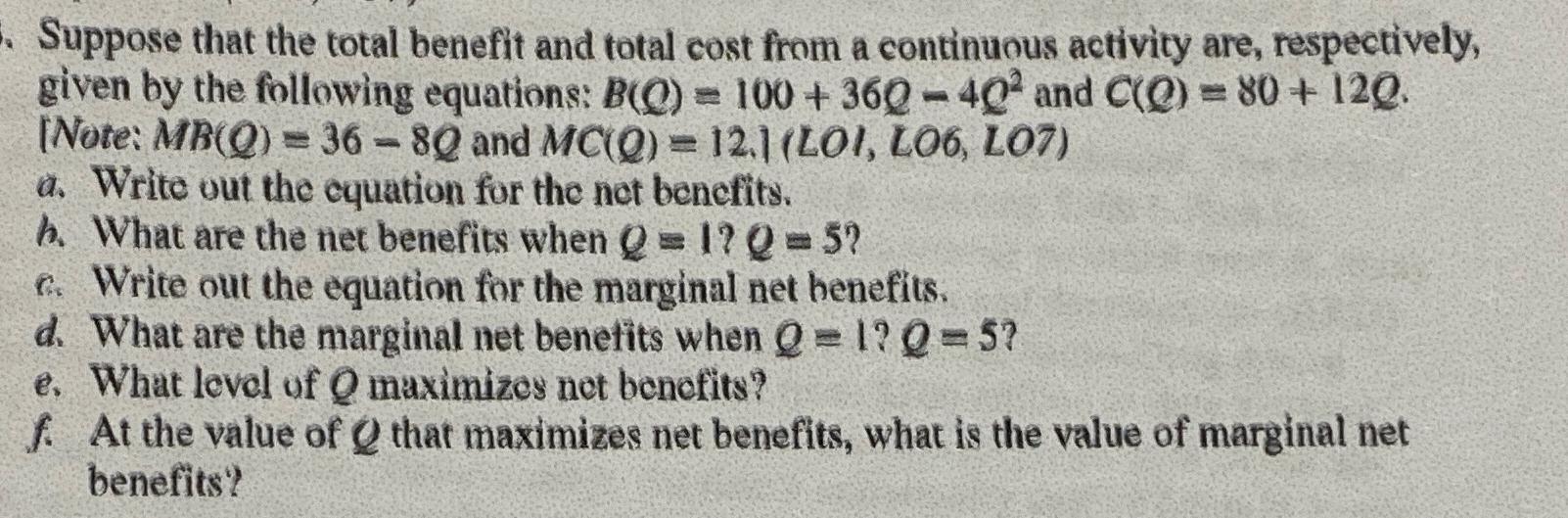 Solved Suppose that the total benefit and total cost from a | Chegg.com