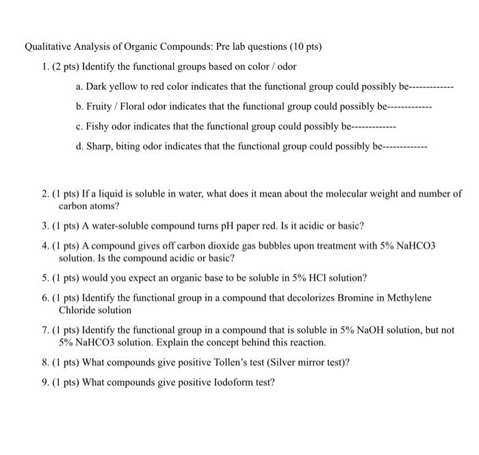 Solved Qualitative Analysis of Organic Compounds: Pre lab | Chegg.com