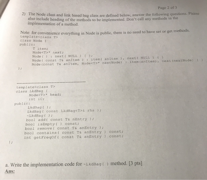 Solved Page 2 of 3 2) The Node class and link ba The Node | Chegg.com