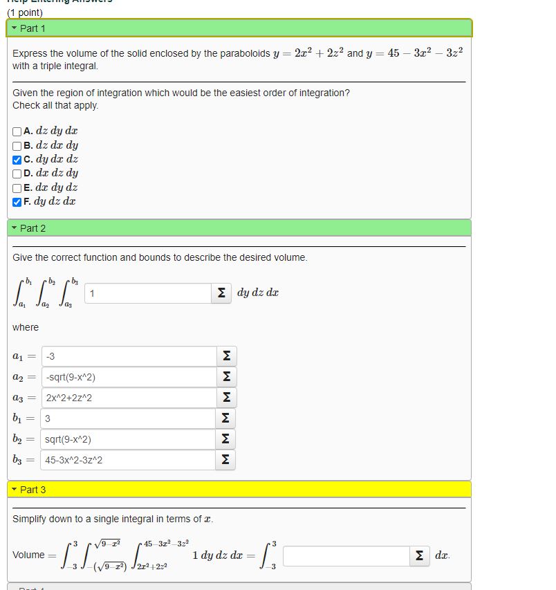 Solved (1 ﻿point)Part 1Express the volume of the solid | Chegg.com