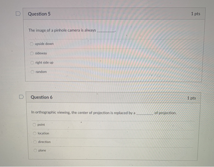 Solved Question 3 1 pts The synthetic-camera model is based | Chegg.com