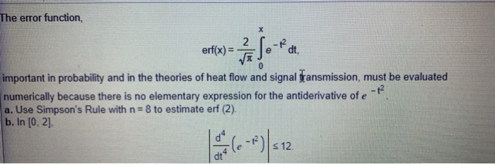 Solved The error function, erf(x) = ? Se-Pdt. important in | Chegg.com