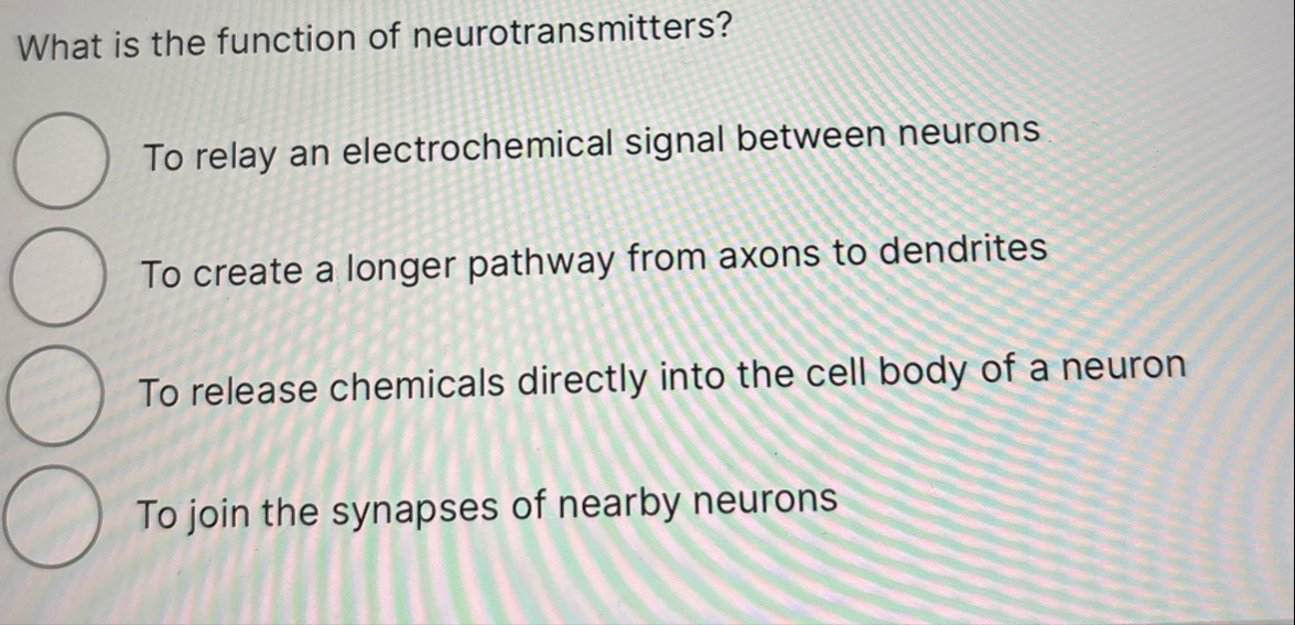 Solved What is the function of neurotransmitters? ﻿To relay | Chegg.com