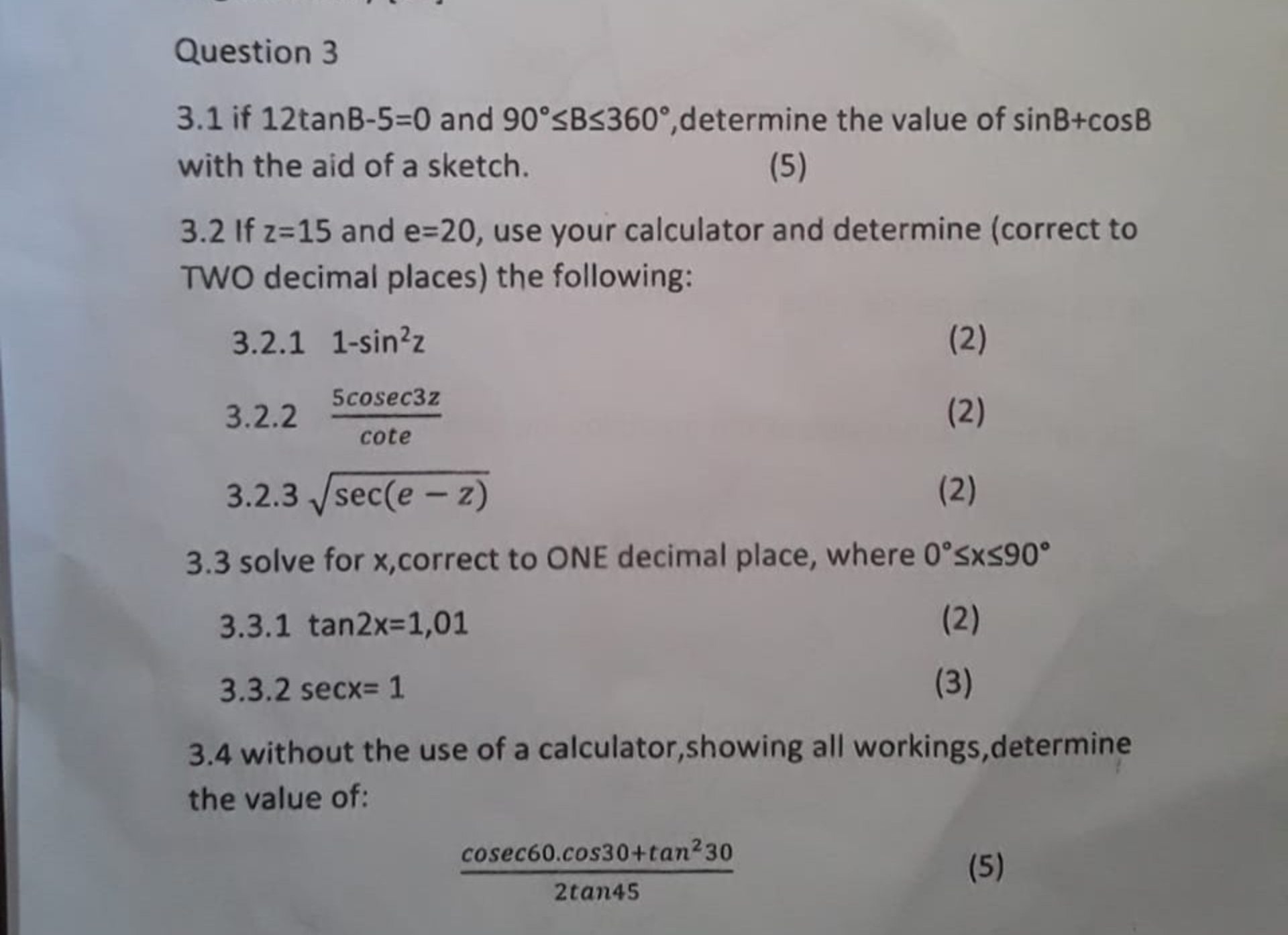 Solved Question 33.1 ﻿if 12tanB-5=0 ﻿and 90°≤B≤360°, | Chegg.com