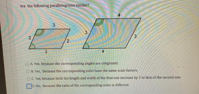 Solved Are the following parallelograms similar? 3 3 2 . 3 2 | Chegg.com