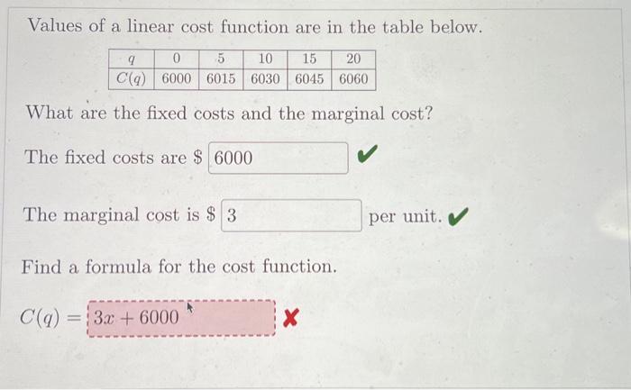 Solved Values of a linear cost function are in the table | Chegg.com