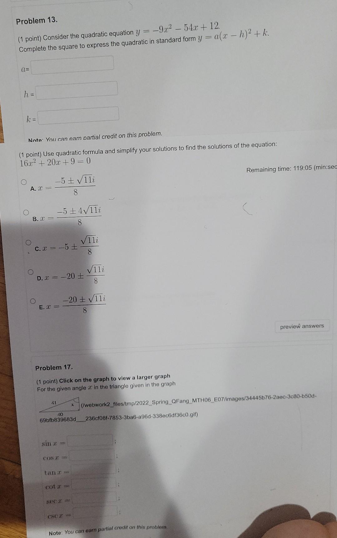 Solved Problem 13. - (1 point) Consider the quadratic | Chegg.com