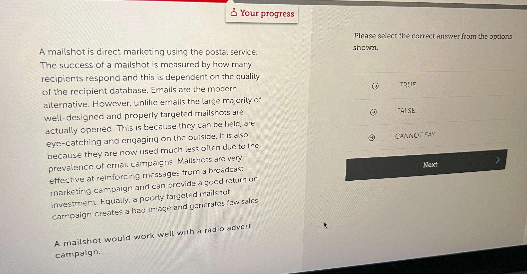 Solved ` ﻿Your progressA mailshot is direct marketing using | Chegg.com