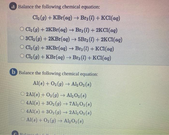 Solved a Balance the following chemical equation: Cl2(9) + | Chegg.com