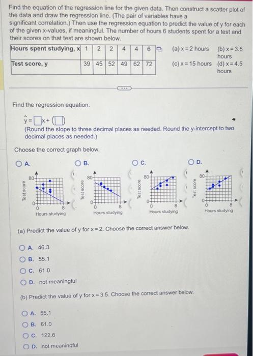 Solved Find the equation of the regression line for the | Chegg.com