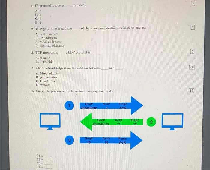 Solved 1. IP protocol is a layer protocol. A. 7 B. 4 C. 3 D. | Chegg.com