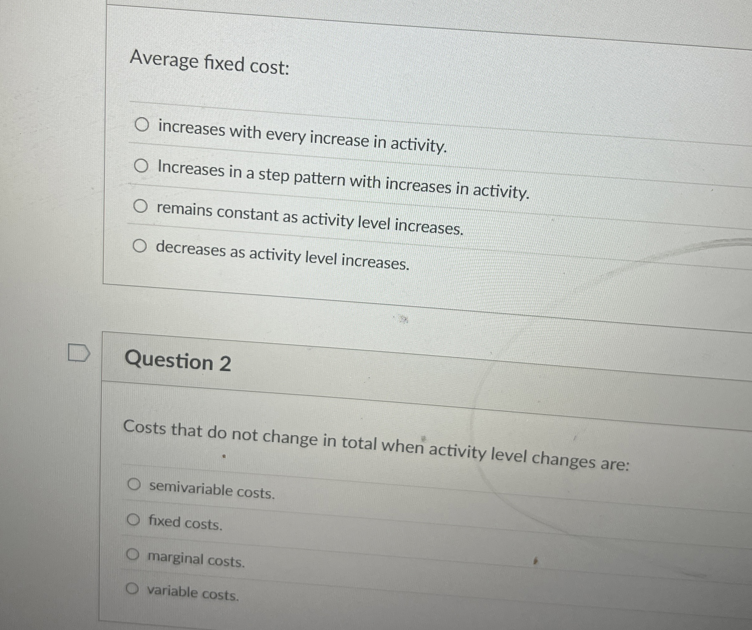 Solved Average fixed cost:increases with every increase in | Chegg.com