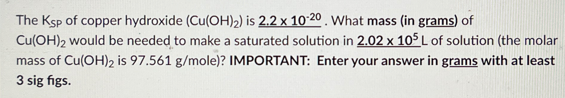 Solved The Ksp ﻿of Copper Hydroxide Cu Oh 2 ﻿is