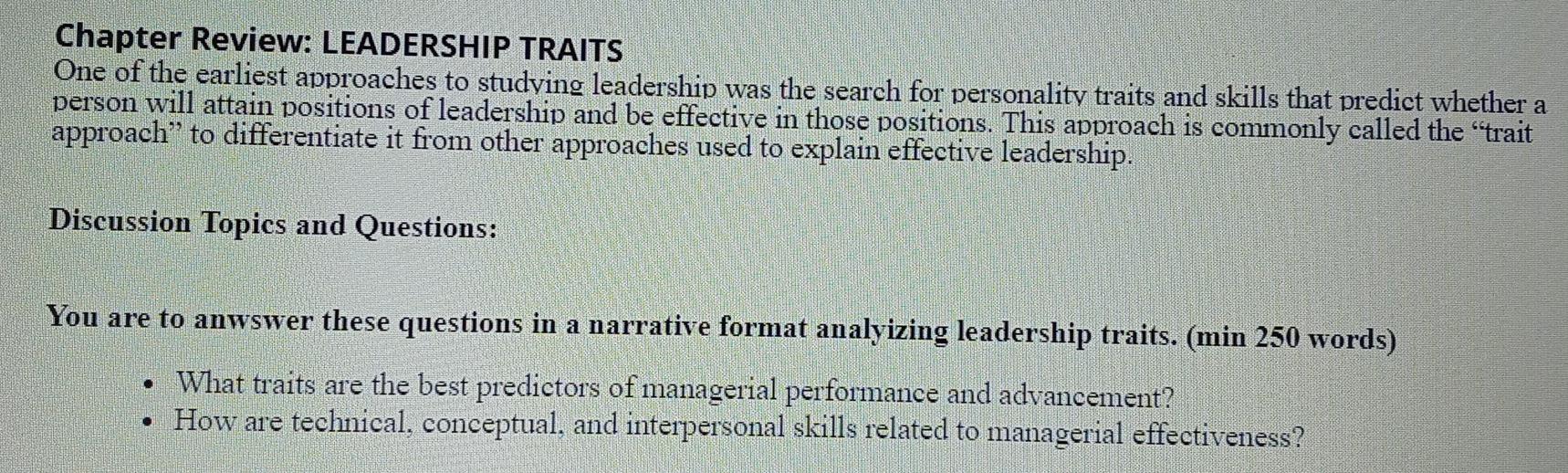 Solved Chapter Review: LEADERSHIP TRAITS One of the earliest | Chegg.com