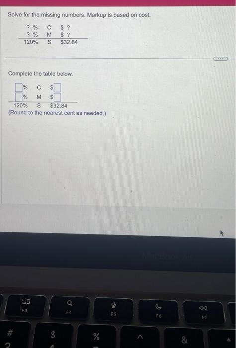 Solved Solve for the missing numbers. Markup is based on | Chegg.com