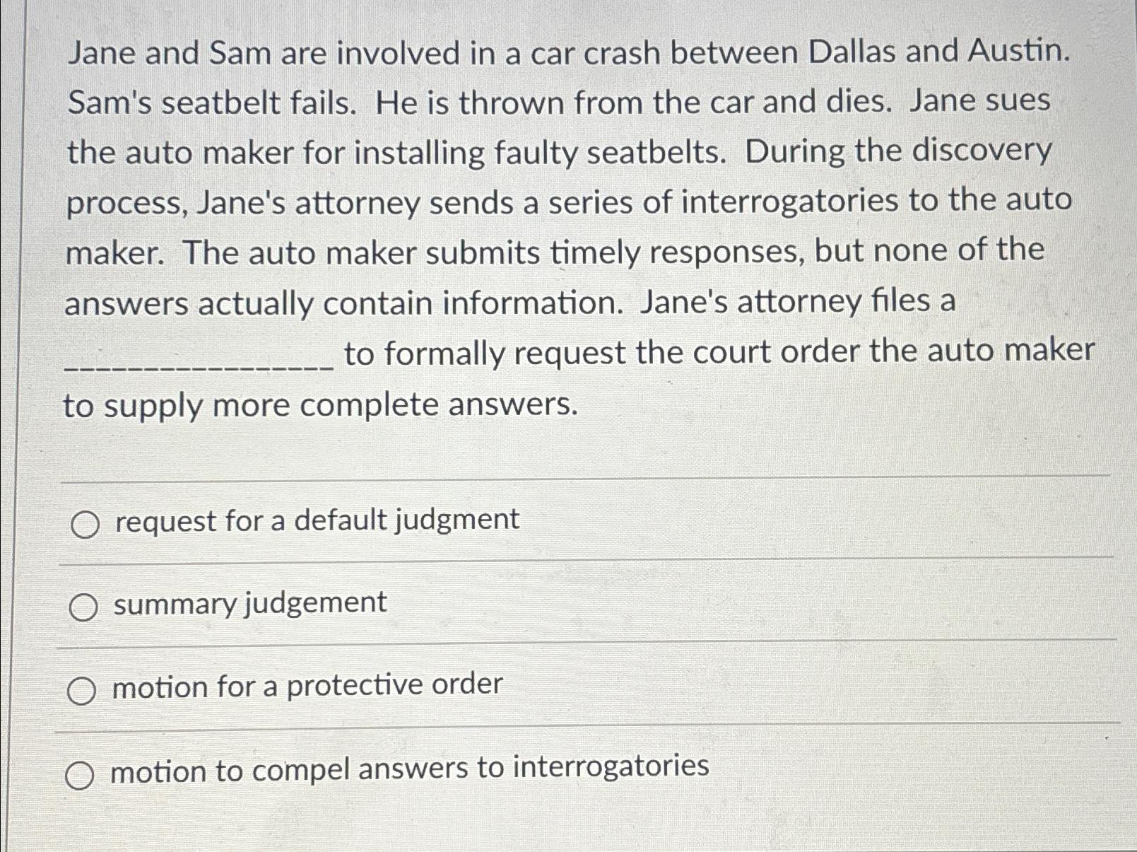 Solved Jane and Sam are involved in a car crash between | Chegg.com