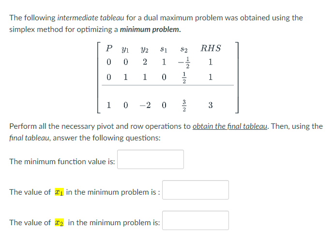 Solved The following intermediate tableau for a dual maximum | Chegg.com