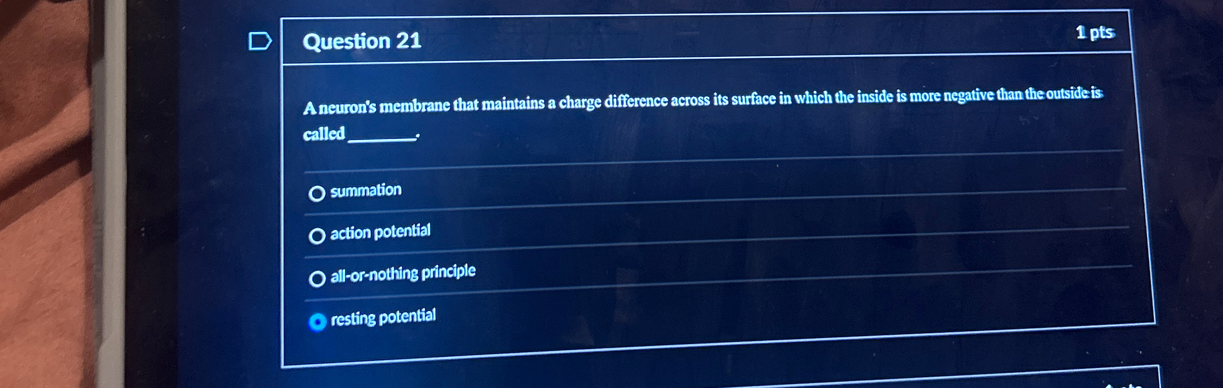 Solved Question 211 ﻿ptsA neuron's membrane that maintains a | Chegg.com