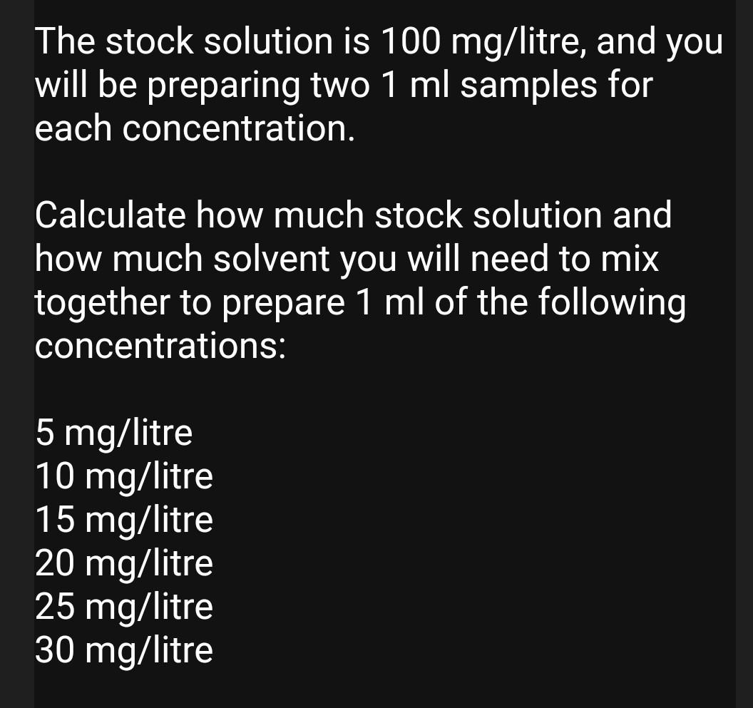 Solved The stock solution is 100mg/ litre, and you will be | Chegg.com