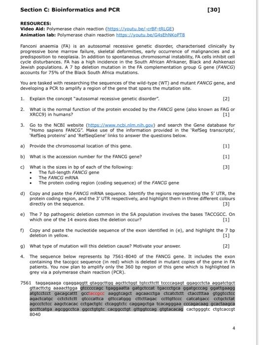 Solved Section C: Bioinformatics and PCR [30] RESOURCES: | Chegg.com