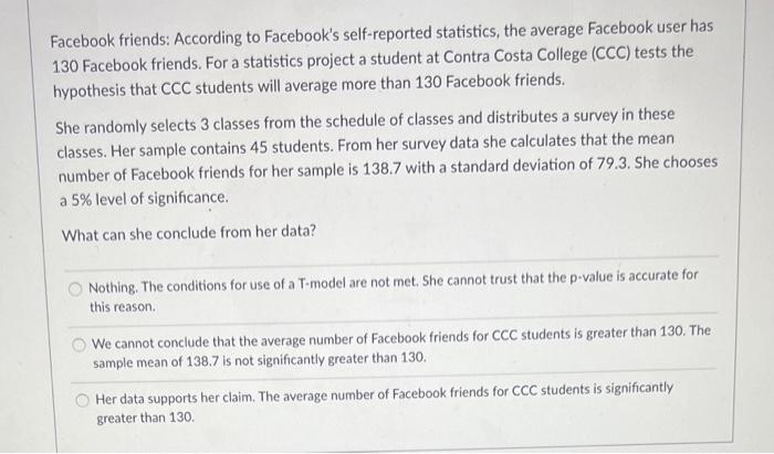 Solved Facebook friends: According to Facebook's | Chegg.com