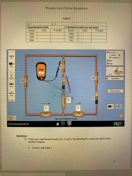 Physics Lab (Online Simulation) Part B: Kirchoff's | Chegg.com