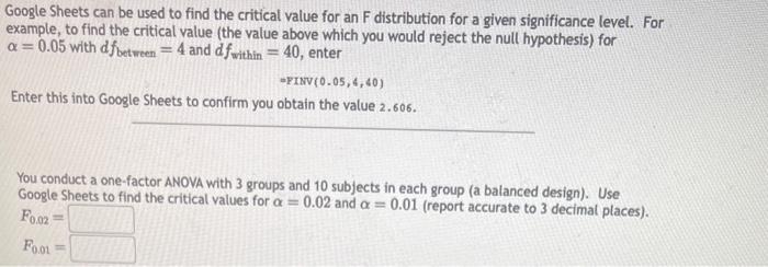 Solved Google Sheets can be used to find the critical value | Chegg.com