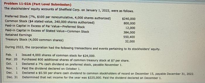 Solved Problem 11-02A (Part Level Submission) The | Chegg.com